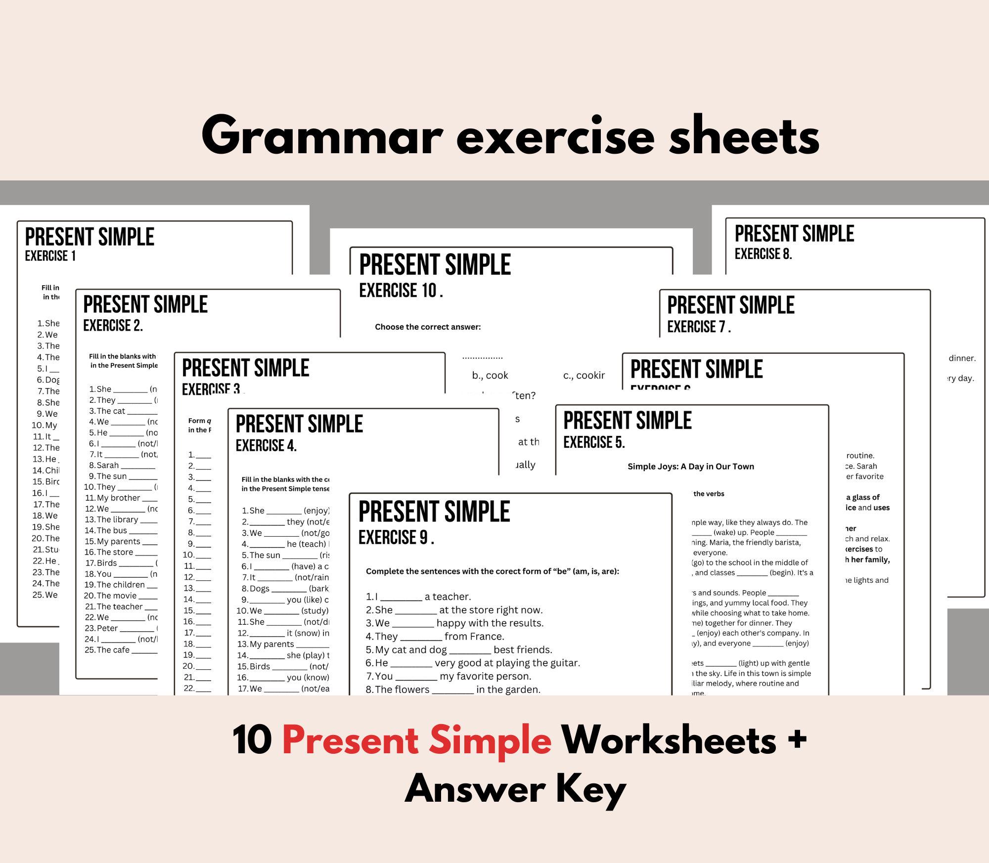 40 Pcs ESL Worksheet Bundle Present Tenses Drilling Exercises and ...