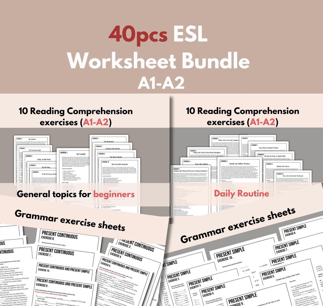 40 Pcs ESL Worksheet Bundle Present Tenses Drilling Exercises and ...