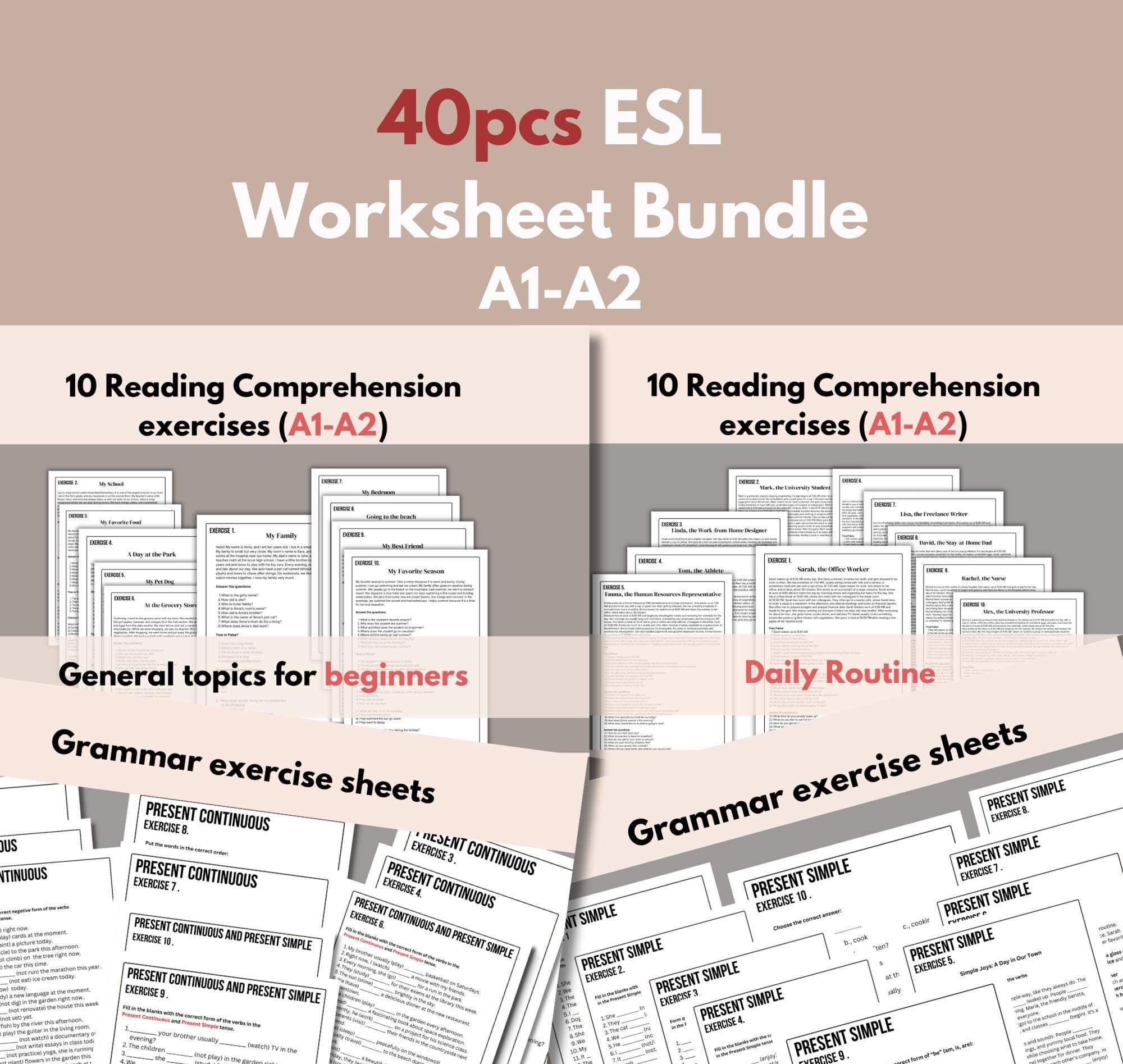 40 Pcs ESL Worksheet Bundle Present Tenses Drilling Exercises and ...