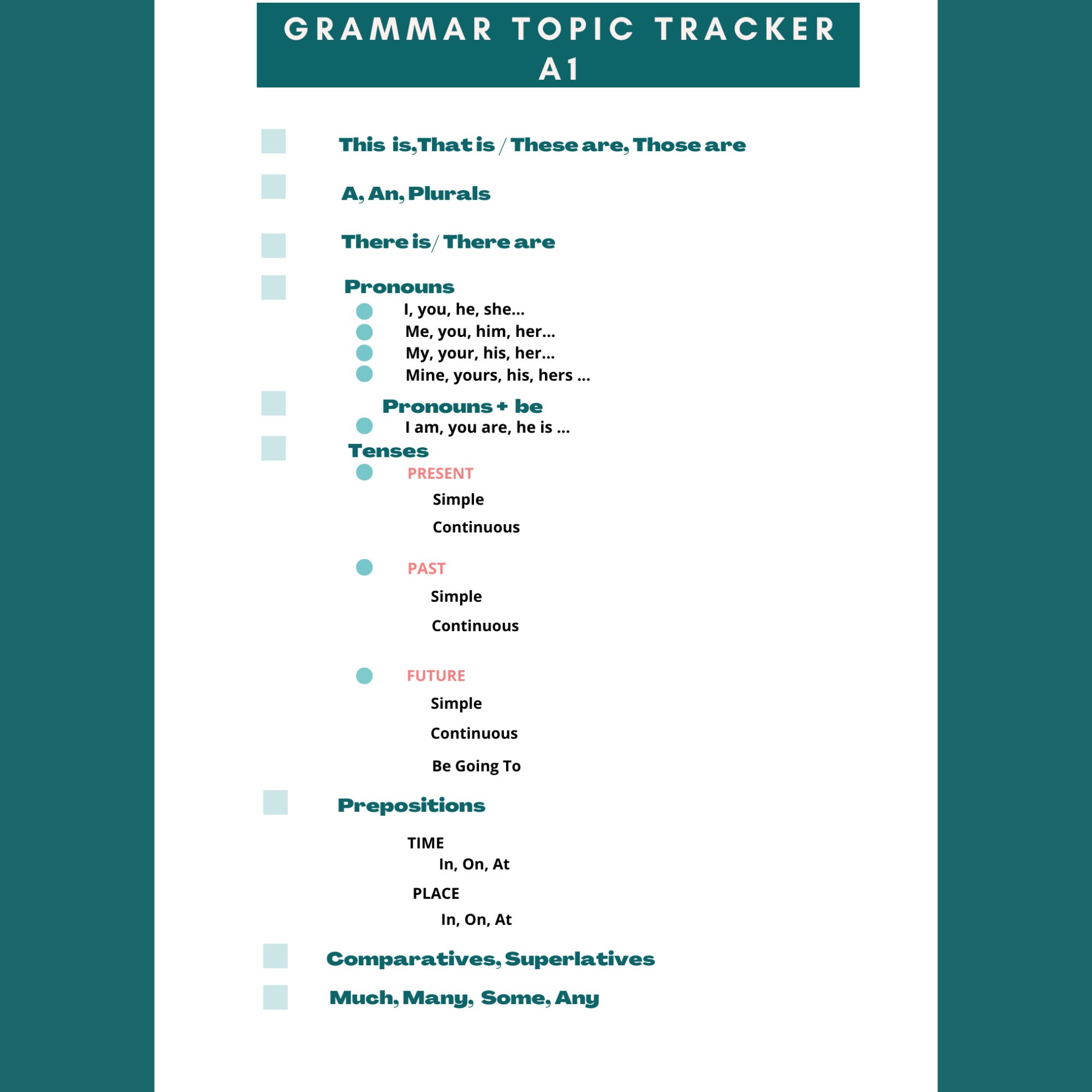 A1 Level English Grammar Topic Tracker Notes for Beginners - Etsy