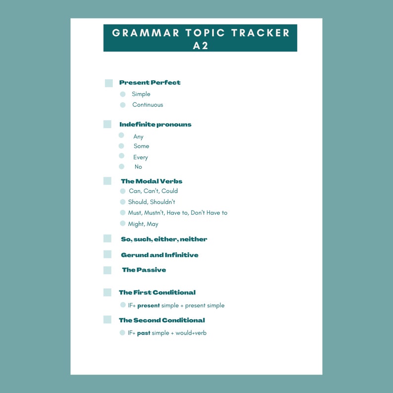 A2 Level English Grammar Topic Tracker Notes for ESL Beginners, Size A4 ...