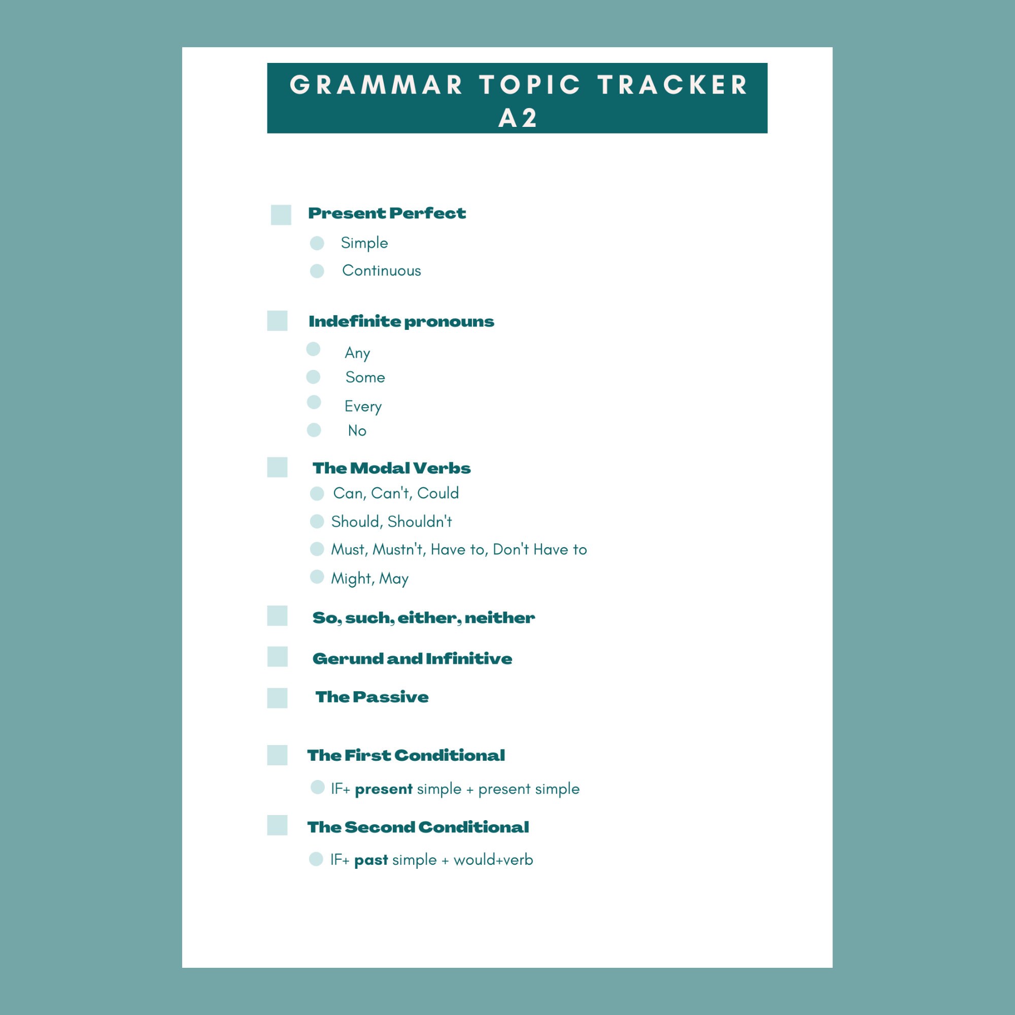 A2 Level English Grammar Topic Tracker Notes for ESL Beginners, Size A4 ...