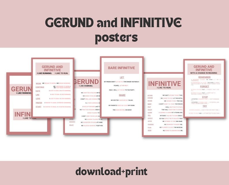 GERUND and INFINITIVE English Grammar Educational Poster Digital ...