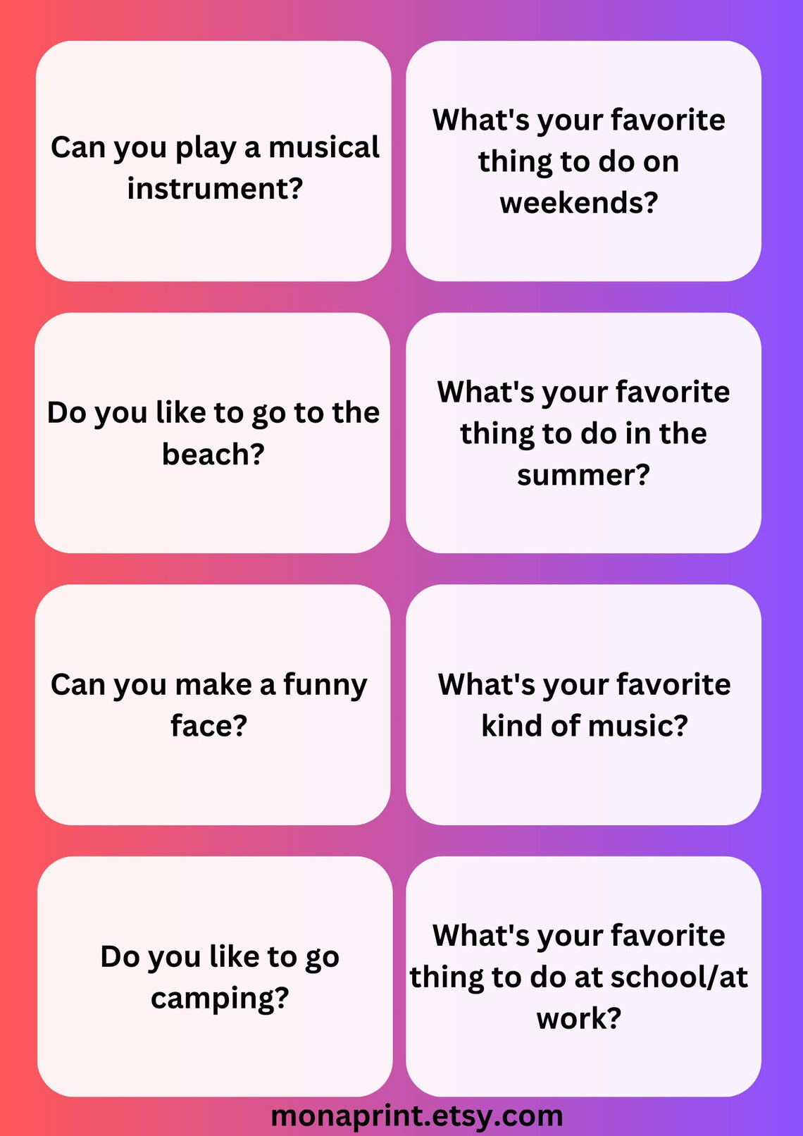 100 ESL Conversation Starter Flashcards: A1-A2 Level (printable) - Etsy