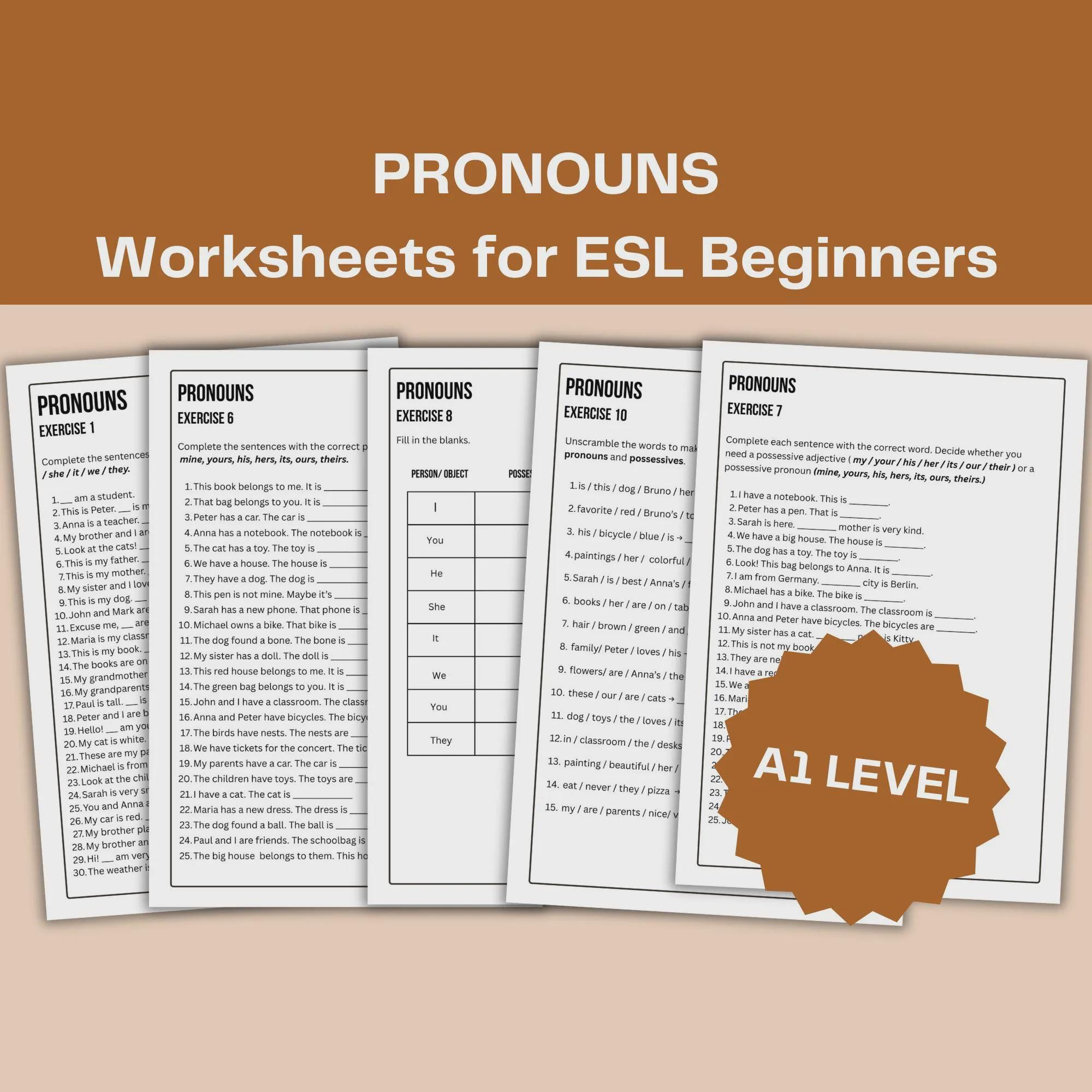 EFL/ESL Grammar Worksheets Bundle – 95 Beginner Exercises (A1-A2) (PDF ...