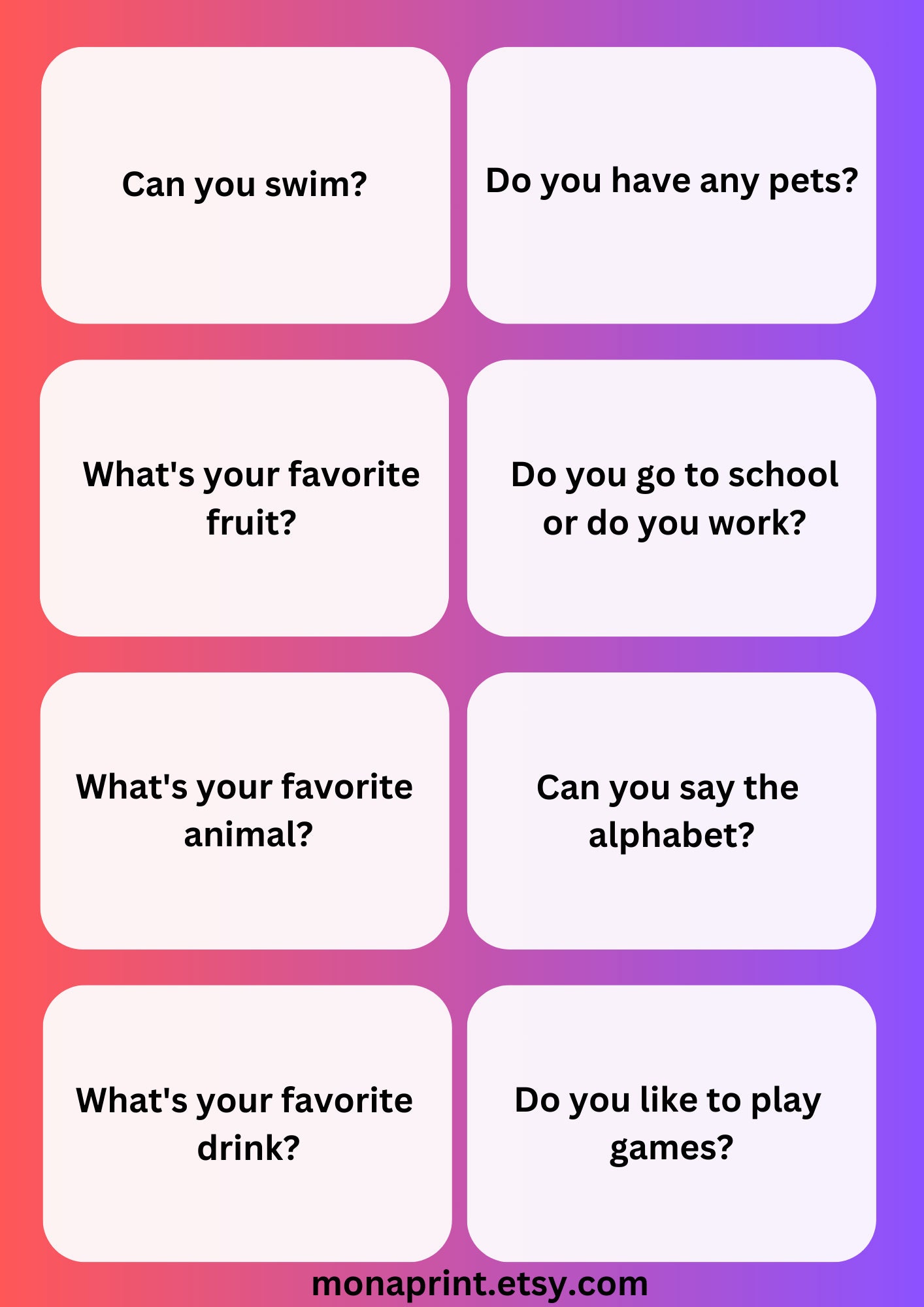 100 ESL Conversation Starter Flashcards: A1-A2 Level (printable) - Etsy