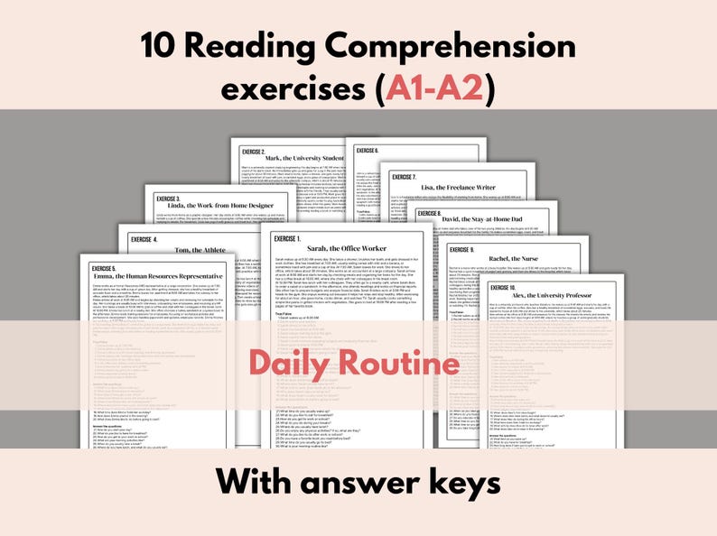 10 Pcs Reading Comprehension Worksheets Daily Routine Vocabulary ...