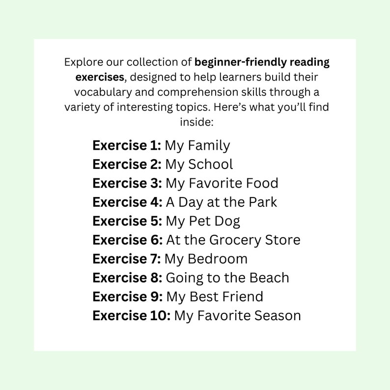 10pcs Reading Comprehension Exercises for A1-A2 Level ESL Learners ...