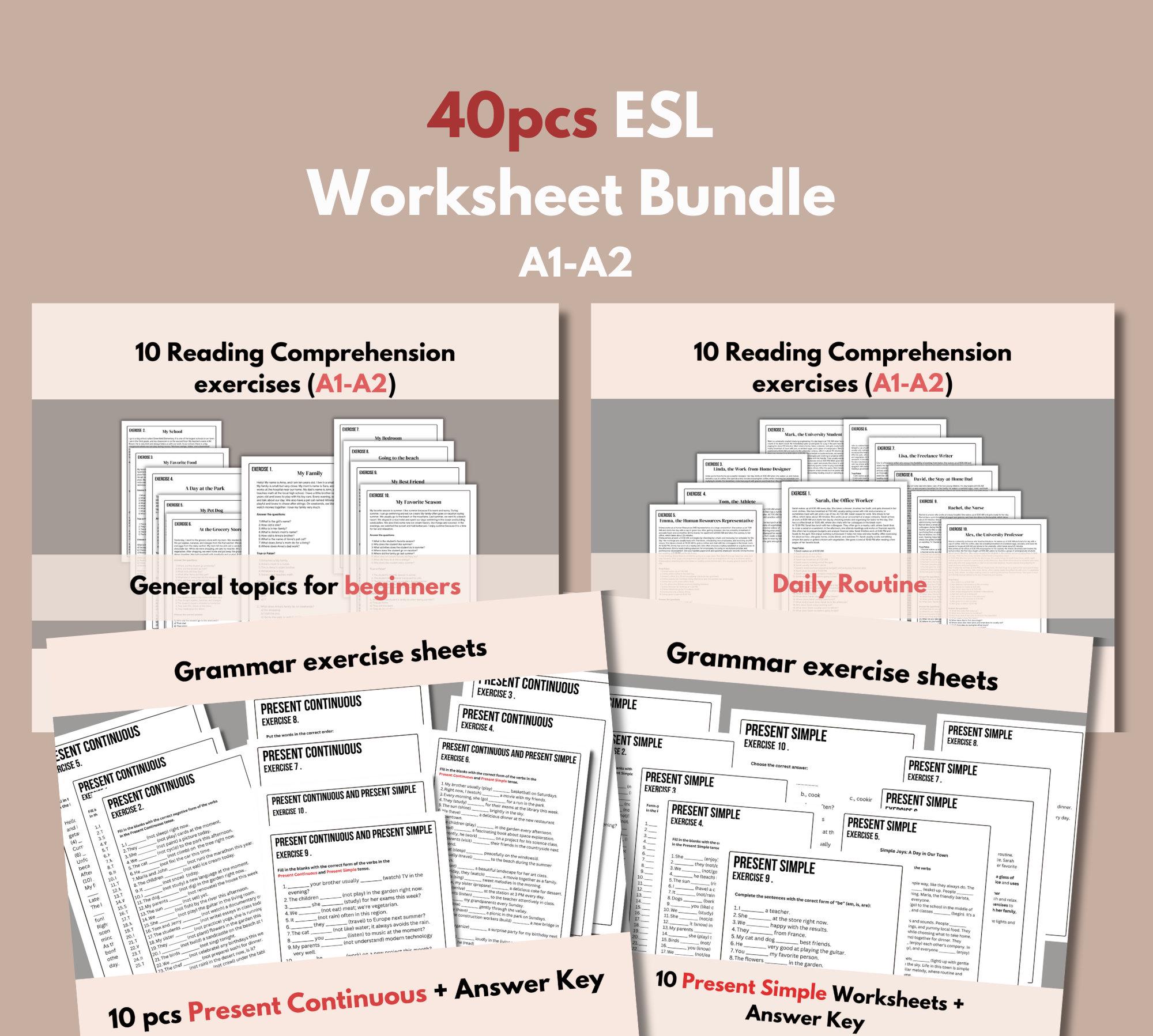 40 Pcs ESL Worksheet Bundle Present Tenses Drilling Exercises and ...