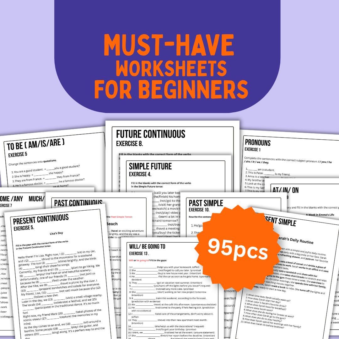 EFL/ESL Grammar Worksheets Bundle – 95 Beginner Exercises (A1-A2) (PDF ...