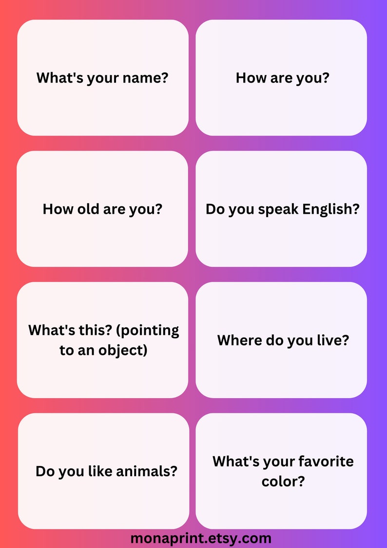100 ESL Conversation Starter Flashcards: A1-A2 Level (printable) - Etsy