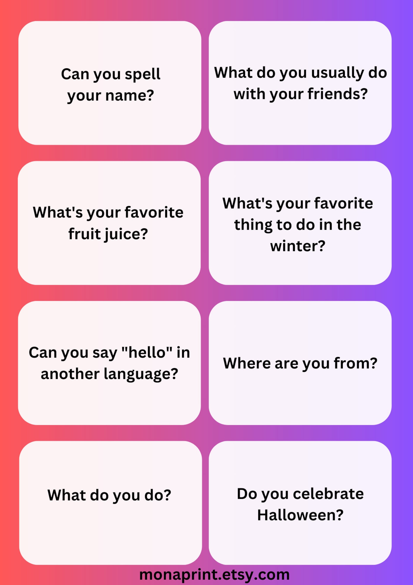 100 ESL Conversation Starter Flashcards: A1-A2 Level (printable) - Etsy