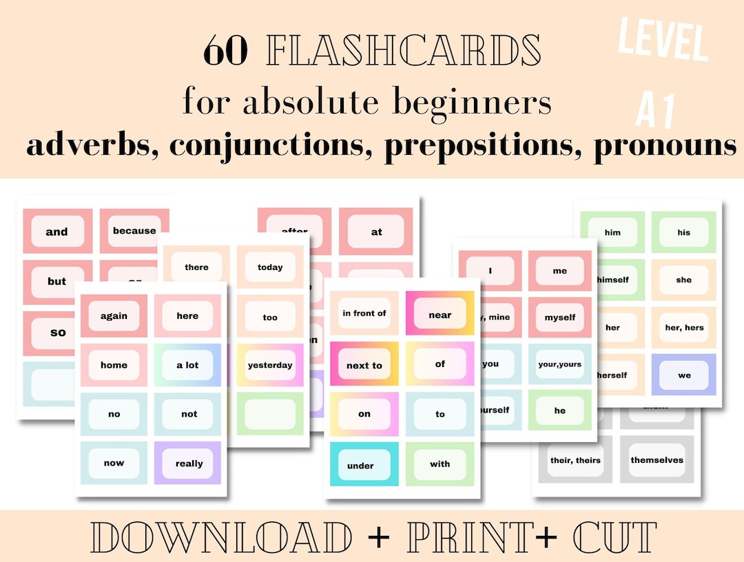 60 FLASHCARDS, 15 Adverbs, 16 Prepositions, 5 Conjunctions and 24 ...