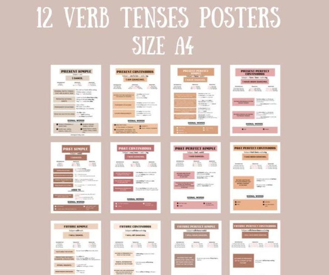 12 English Verbs Tenses Neutral Colors Size A4 Woo Your ESL Students - Etsy