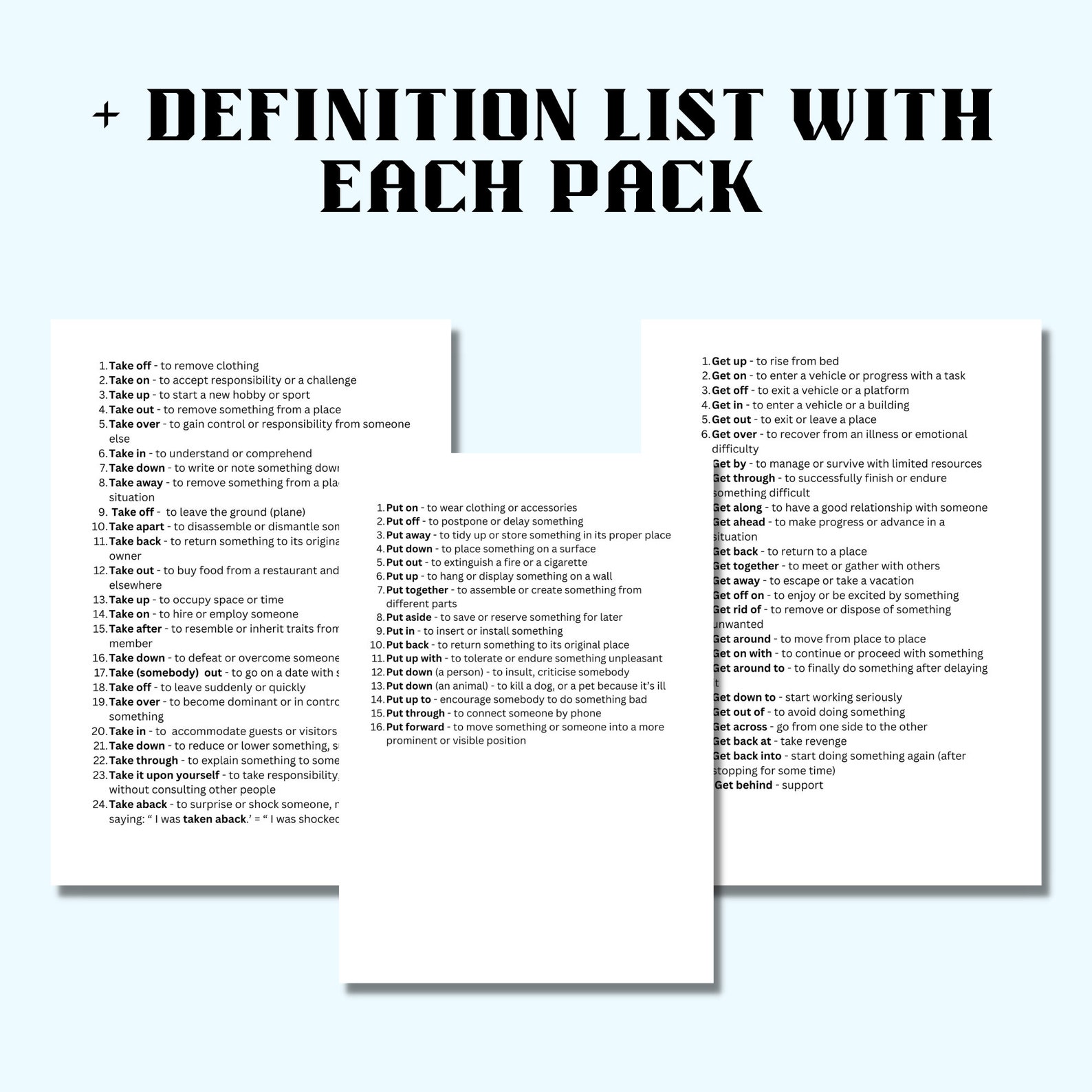 PHRASAL VERBS Flashcards Take, Get and Put, 64 Pcs With Definition - Etsy