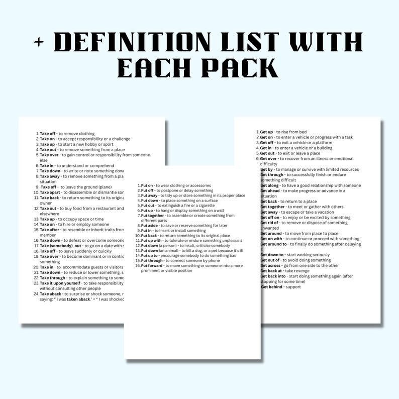 PHRASAL VERBS Flashcards Take, Get and Put, 64 Pcs With Definition - Etsy