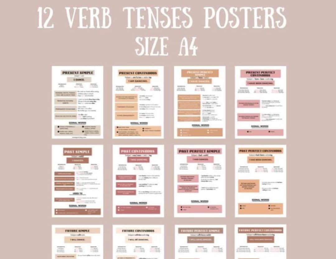 12 English Verbs Tenses Neutral Colors Size A4 Woo Your ESL Students - Etsy