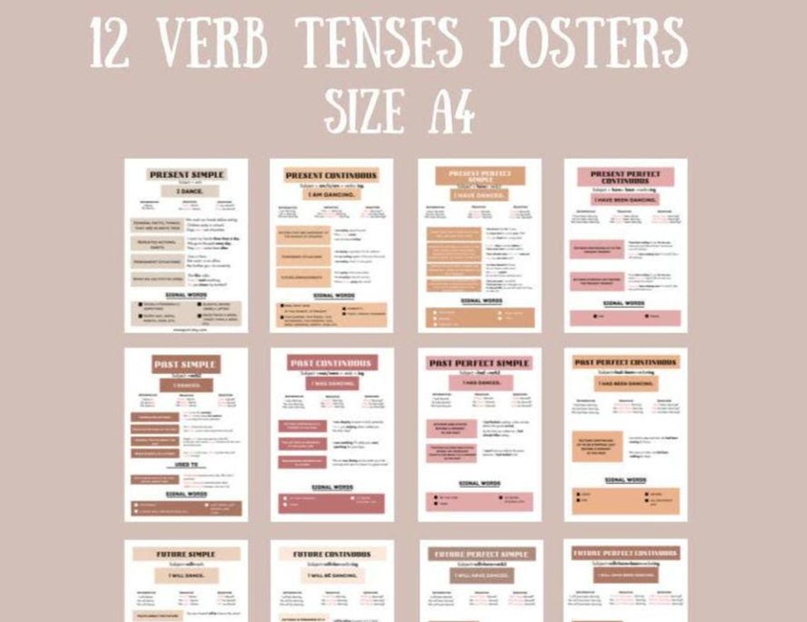 12 English Verbs Tenses Neutral Colors Size A4 Woo Your ESL Students - Etsy