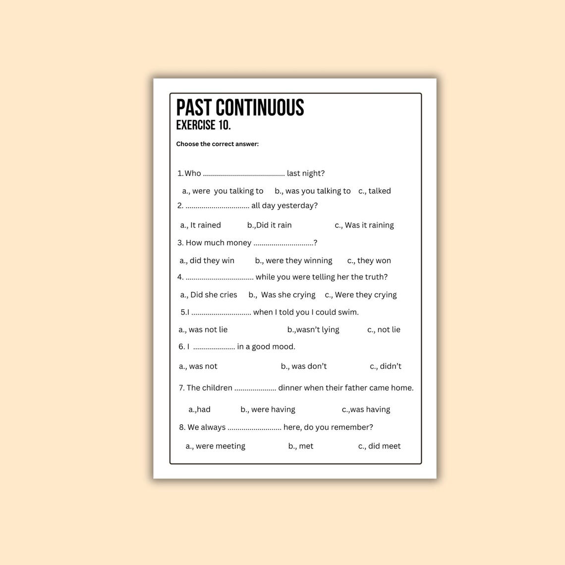 10 PCS ESL Grammar Drilling Worksheets Past Contiuous Verb Tense ...