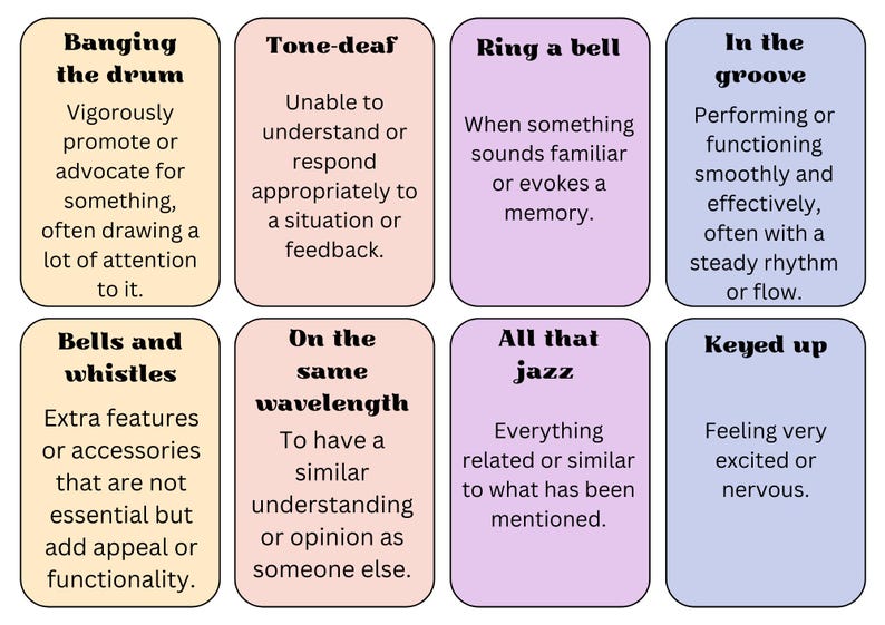 56 Pcs MUSIC Idioms Flashcards for Advanced ESL Learners for All Ages ...