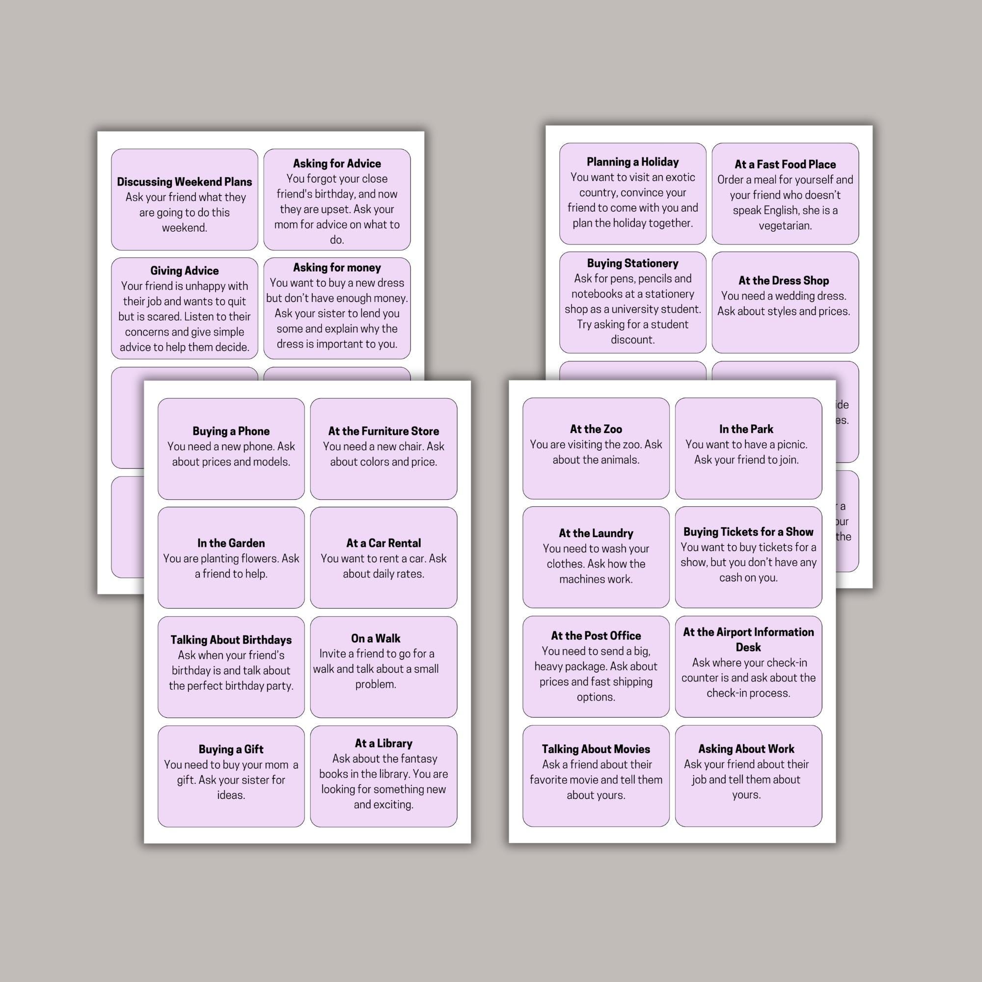 100 Role Play Flashcards for Beginner ESL Learners (A1-A2) Speaking ...