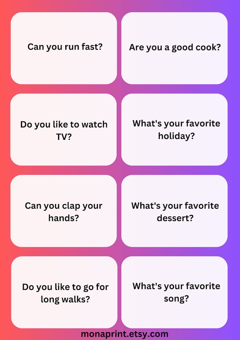 100 ESL Conversation Starter Flashcards: A1-A2 Level (printable) - Etsy