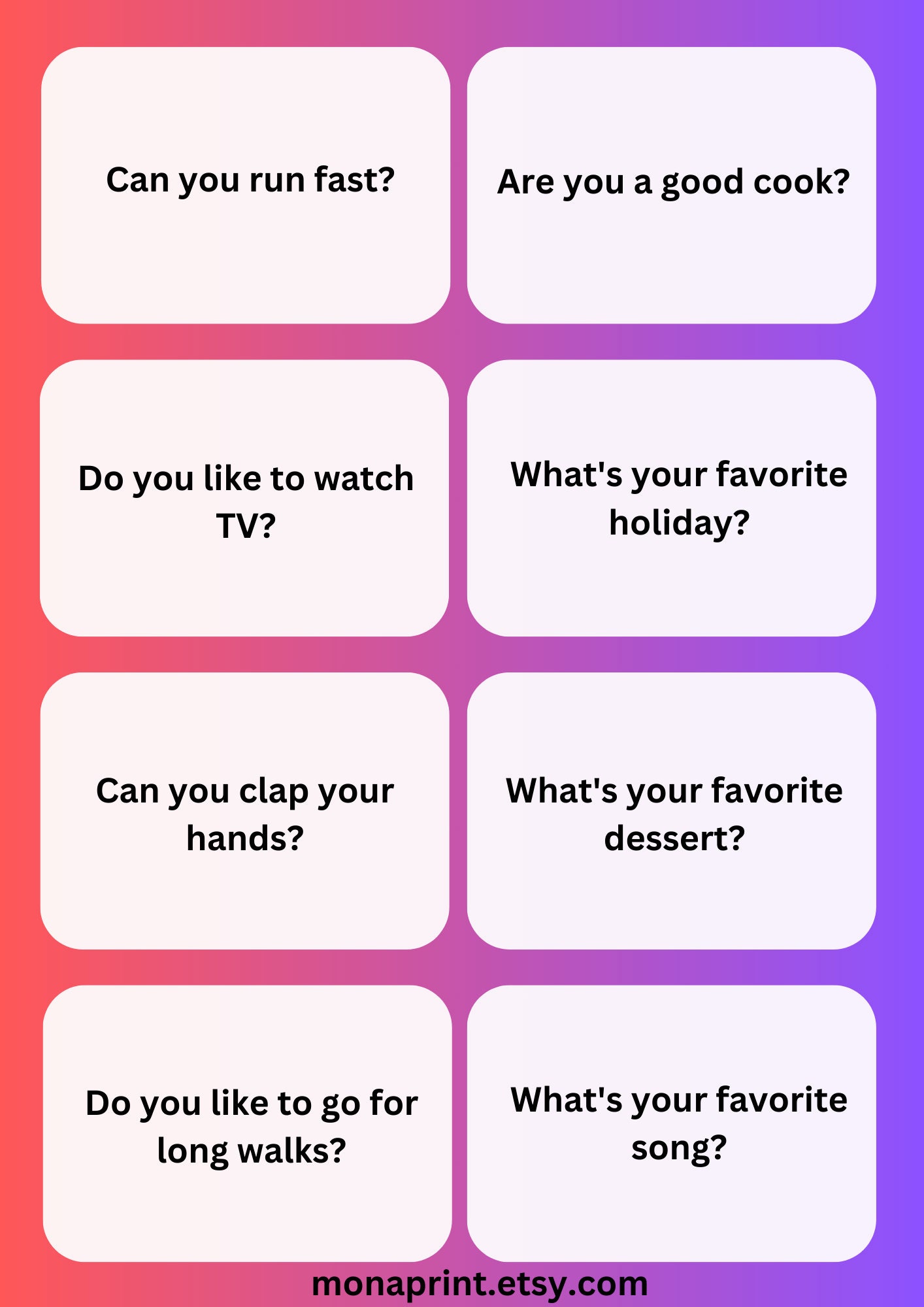 100 ESL Conversation Starter Flashcards: A1-A2 Level (printable) - Etsy