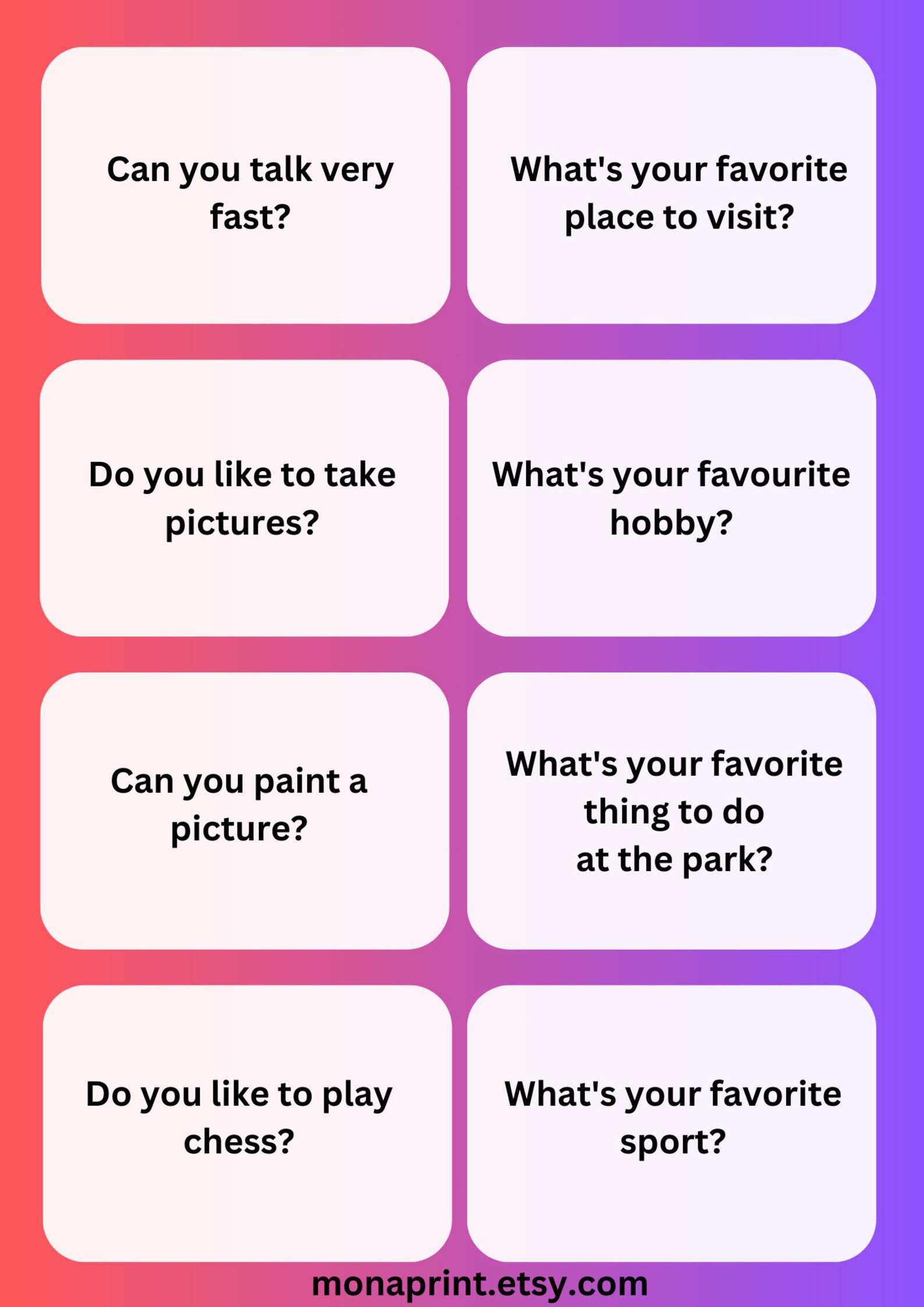 100 English Conversation Cards, Beginner A1-A2 Speaking Prompts - Etsy