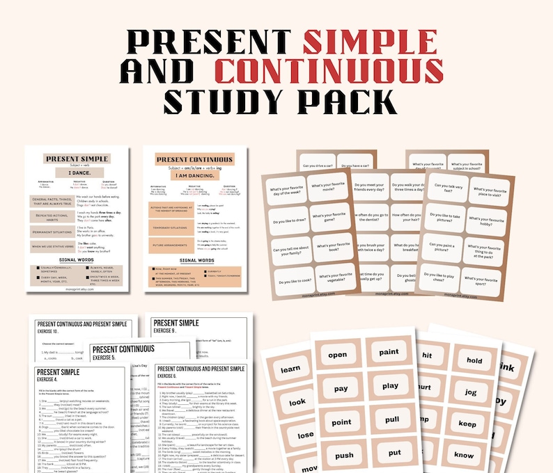 THE ULTIMATE Present Tenses Study Pack for ESL Beginners Worksheets ...