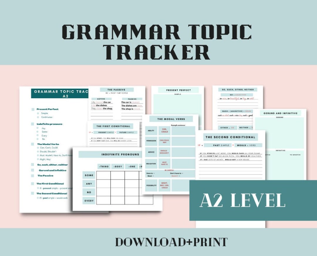 A2 Level English Grammar Topic Tracker Notes for ESL Beginners, Size A4 ...