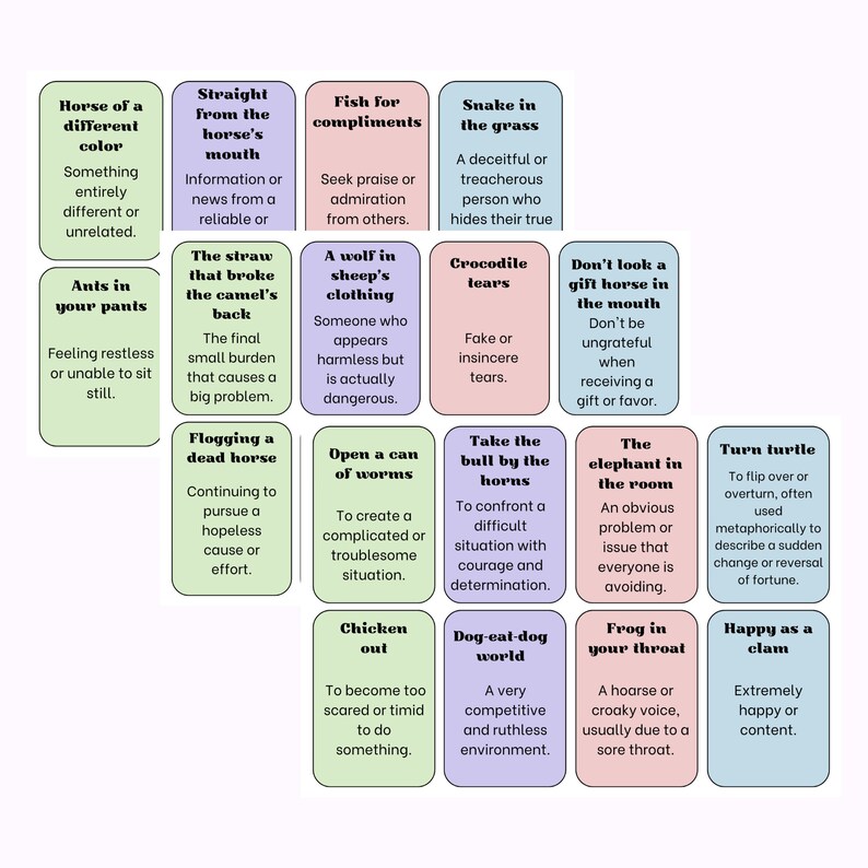 ANIMAL Idioms Flashcards 56 Pcs, for A2-B1 Level ESL Learners - Etsy