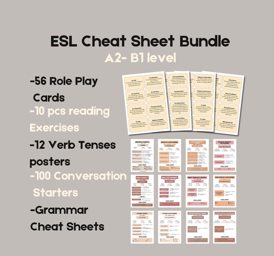 ESL Cheat Sheet Bundle, 12 Verb Tenses Posters, Conversation Flashcards ...