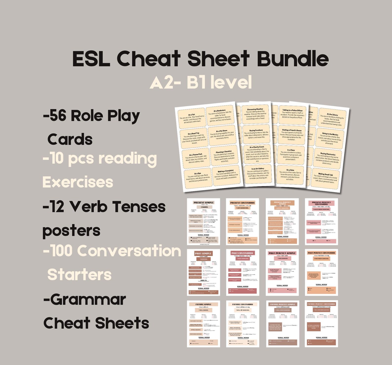 ESL Verb Tenses Posters Bundle: Conversation Flashcards, Reading ...