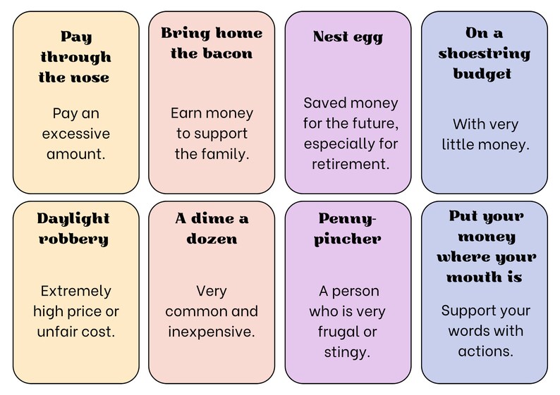 56 Pcs MONEY Idioms for ESL Learners B1-B2 Level English Vocabulary ...