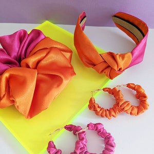 Orange Satin Scrunchie Hoop Earrings - Fabric Earrings - Gold Plated ...