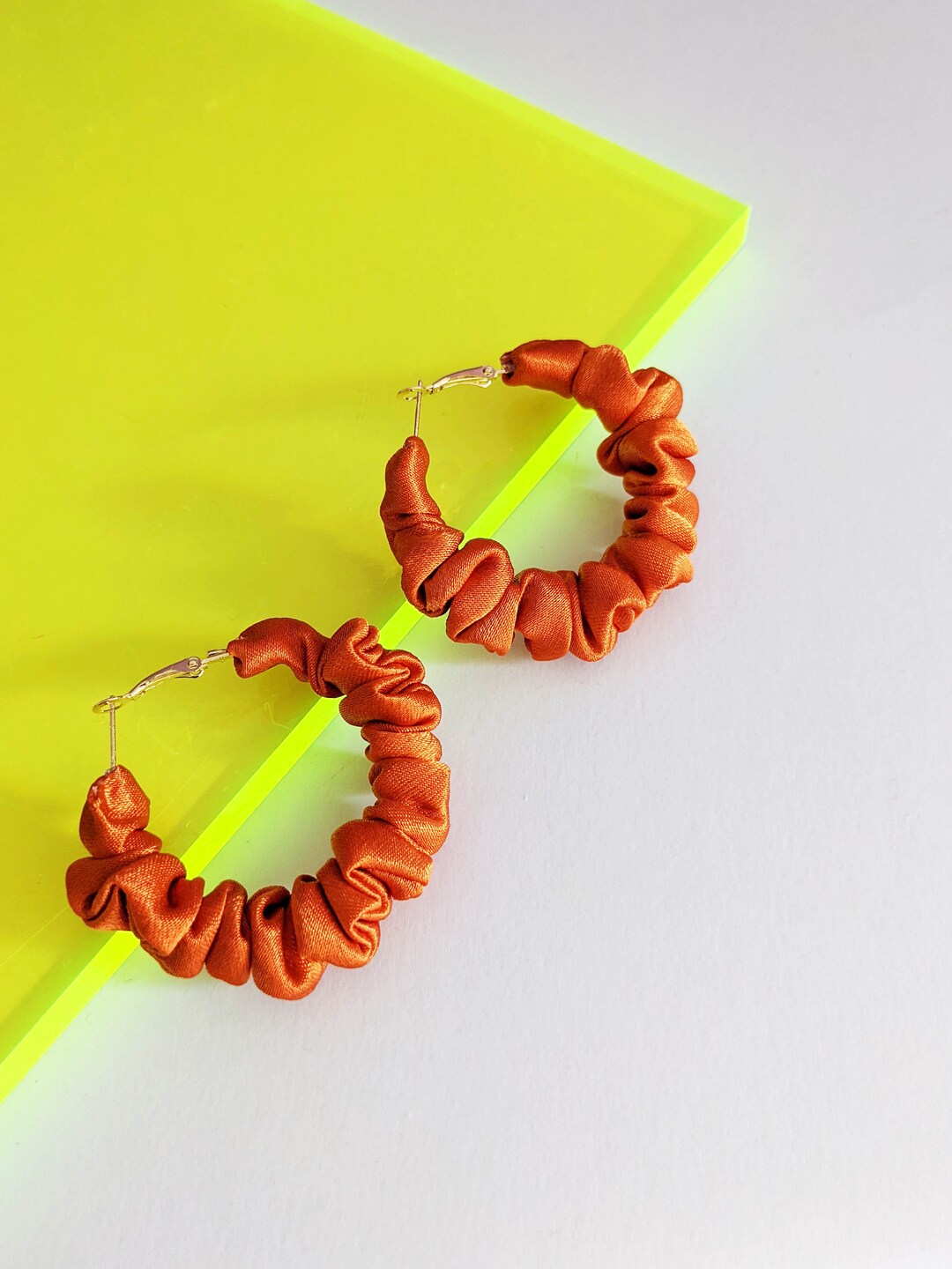 Orange Satin Scrunchie Hoop Earrings - Fabric Earrings - Gold Plated ...