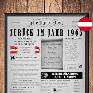60th Birthday Poster, Born in 1965 Austria, Flashback Printable Sign ...