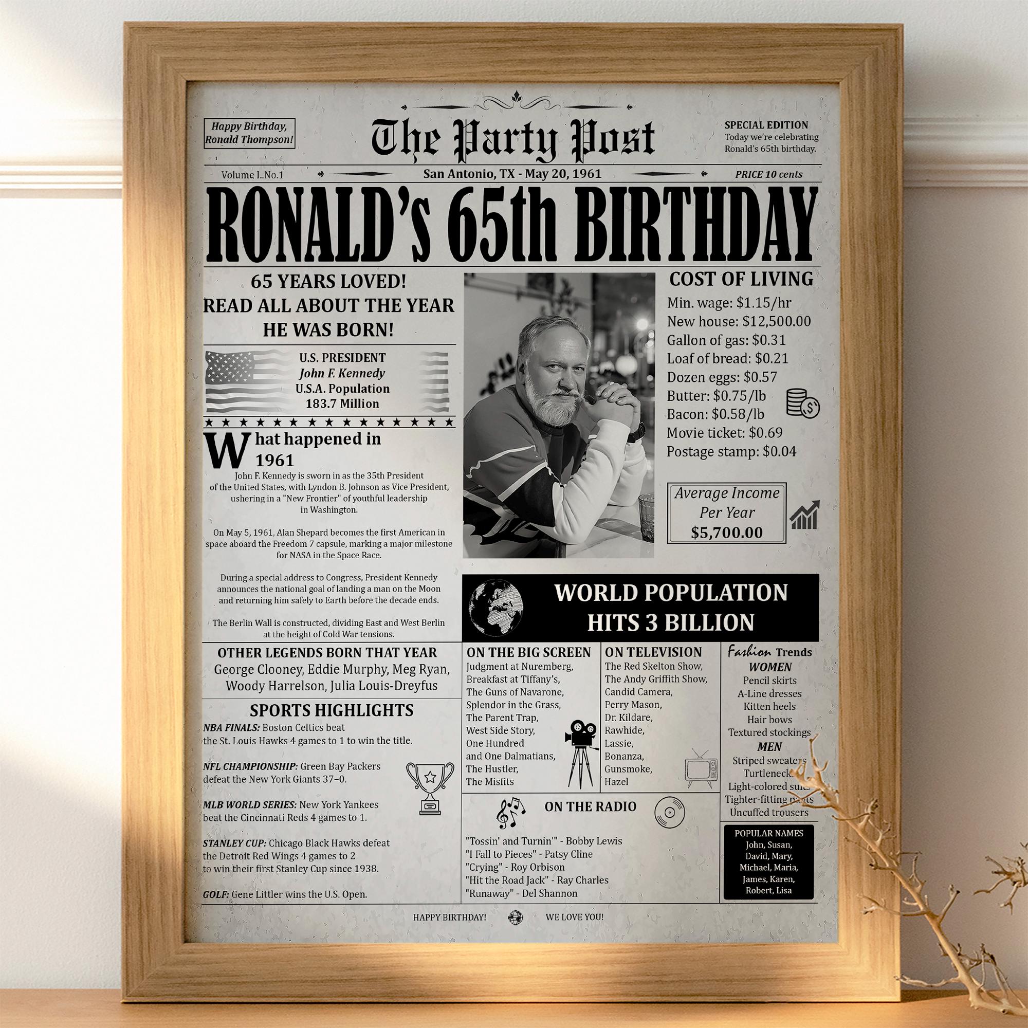 65th Birthday Newspaper Poster – Born 1961 USA | Personalized Printable ...