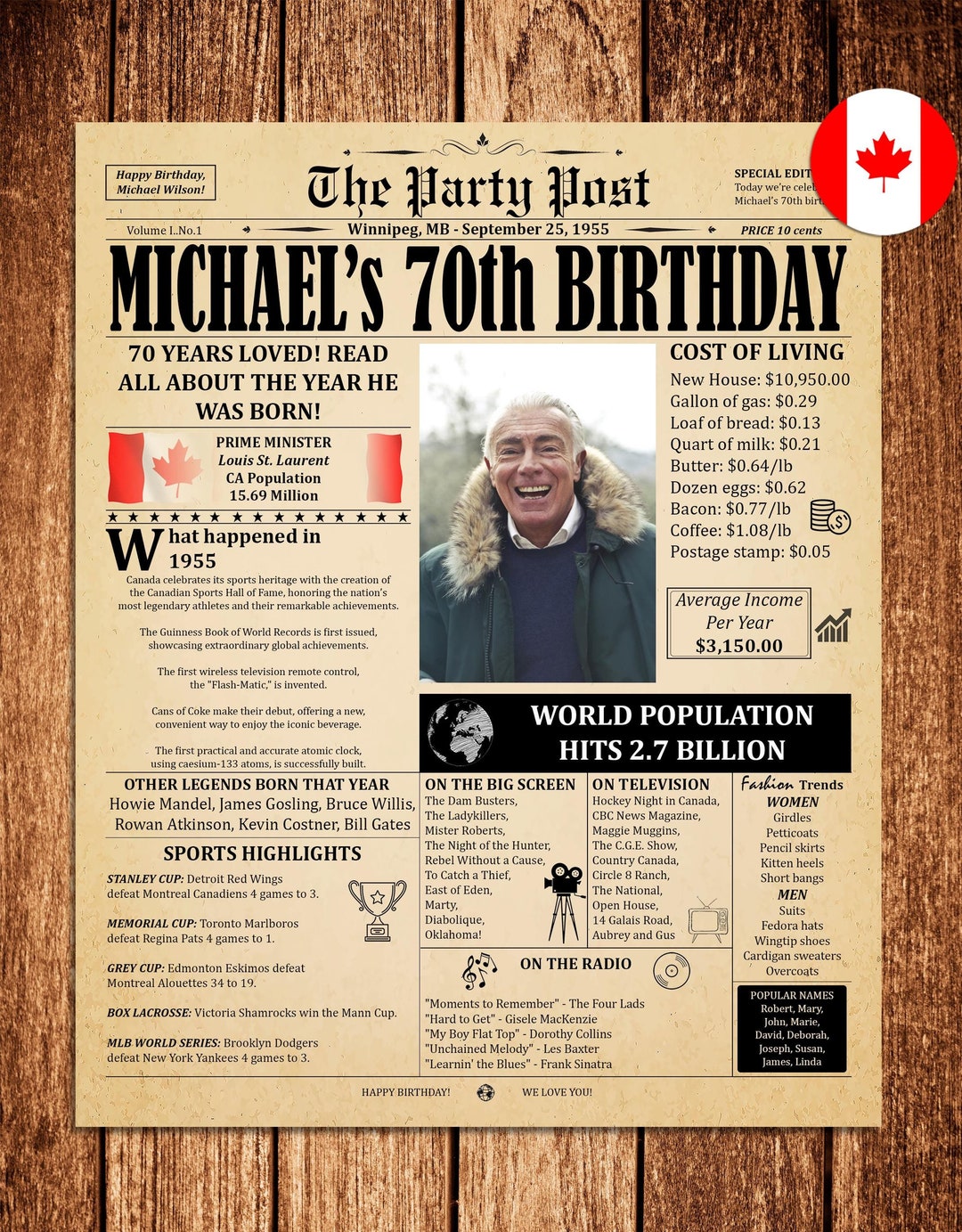 70th Birthday Newspaper Poster CANADA Personalized 70th Birthday Gift ...