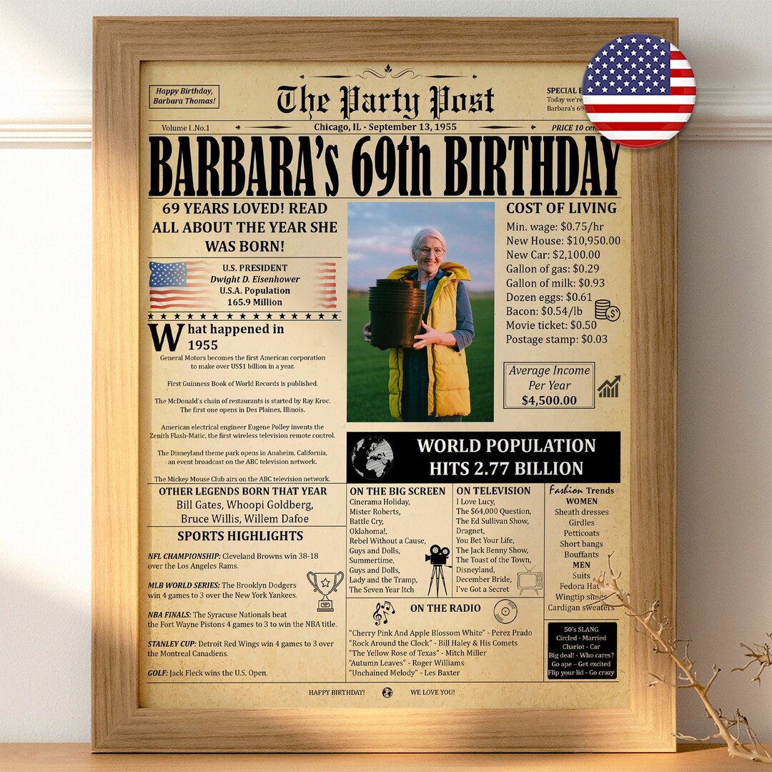 1955 Birthday Newspaper, 69th Birthday Gift for Men and Women, 1955 Fun ...
