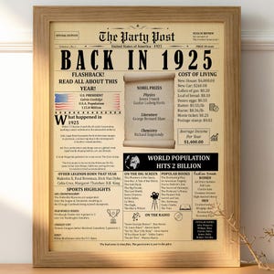 100th Birthday Newspaper Poster, 1925 USA, 100th Birthday Gift for Man ...