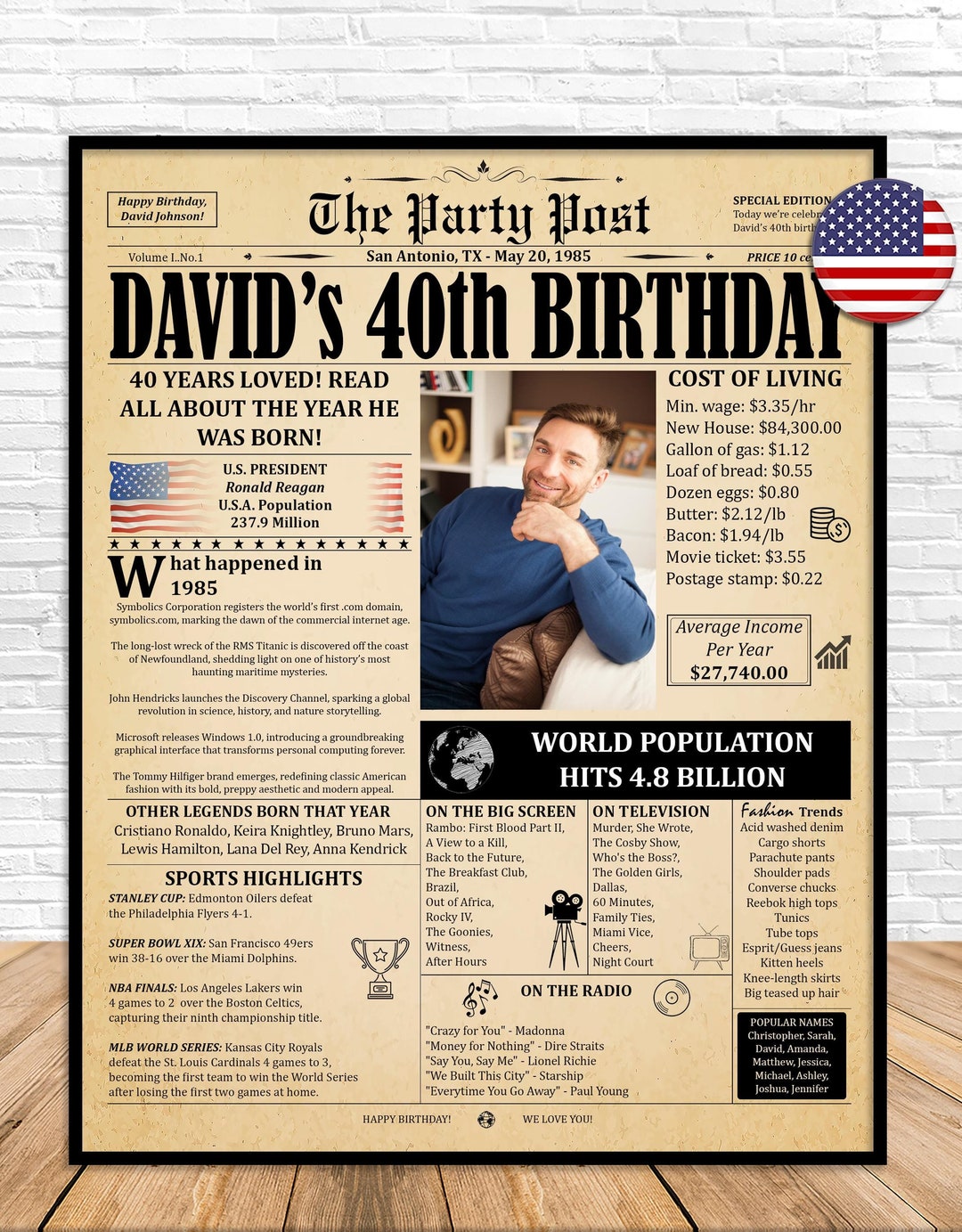40th Birthday Newspaper Poster Personalized 40th Birthday Gift for Him ...