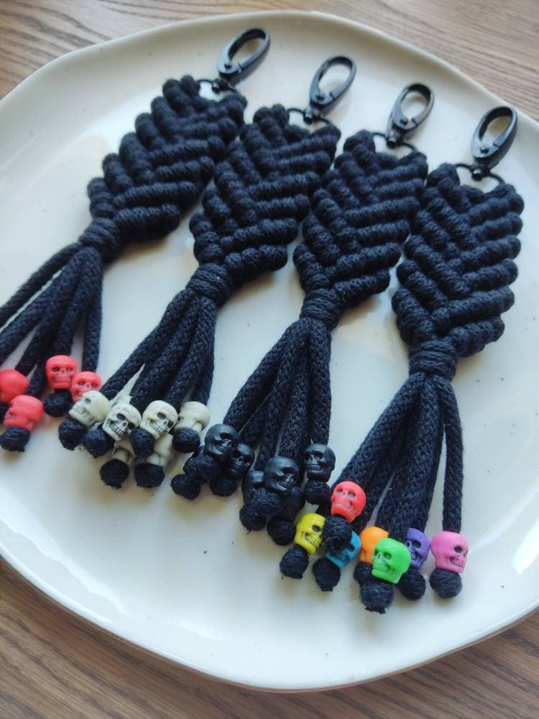 Black Macrame Keychain With Skulls, Gothic Keychain, Gothic Gift ...