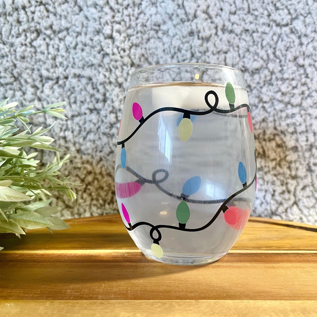Personalized Christmas Lights Wine Glass, Christmas Stemless Wine Glass ...