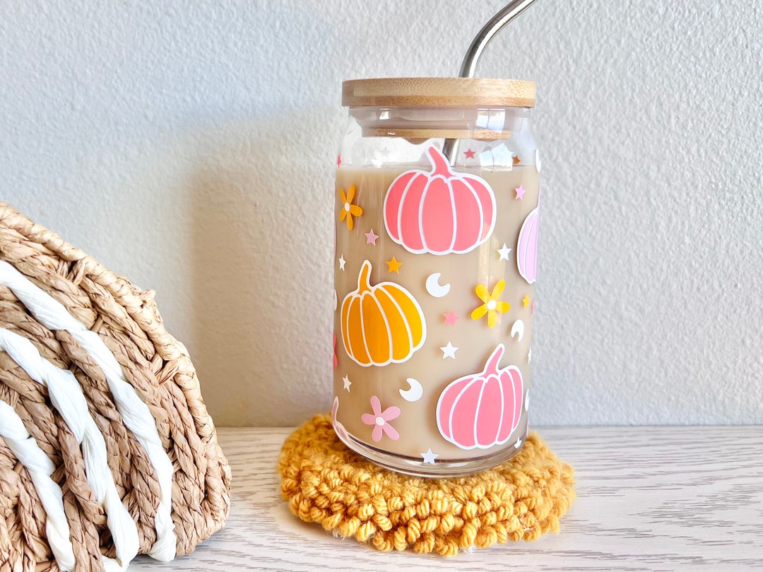 Pastel Pumpkin Glass Can, Halloween Glass Cup, Fall Glassware, Pumpkin ...