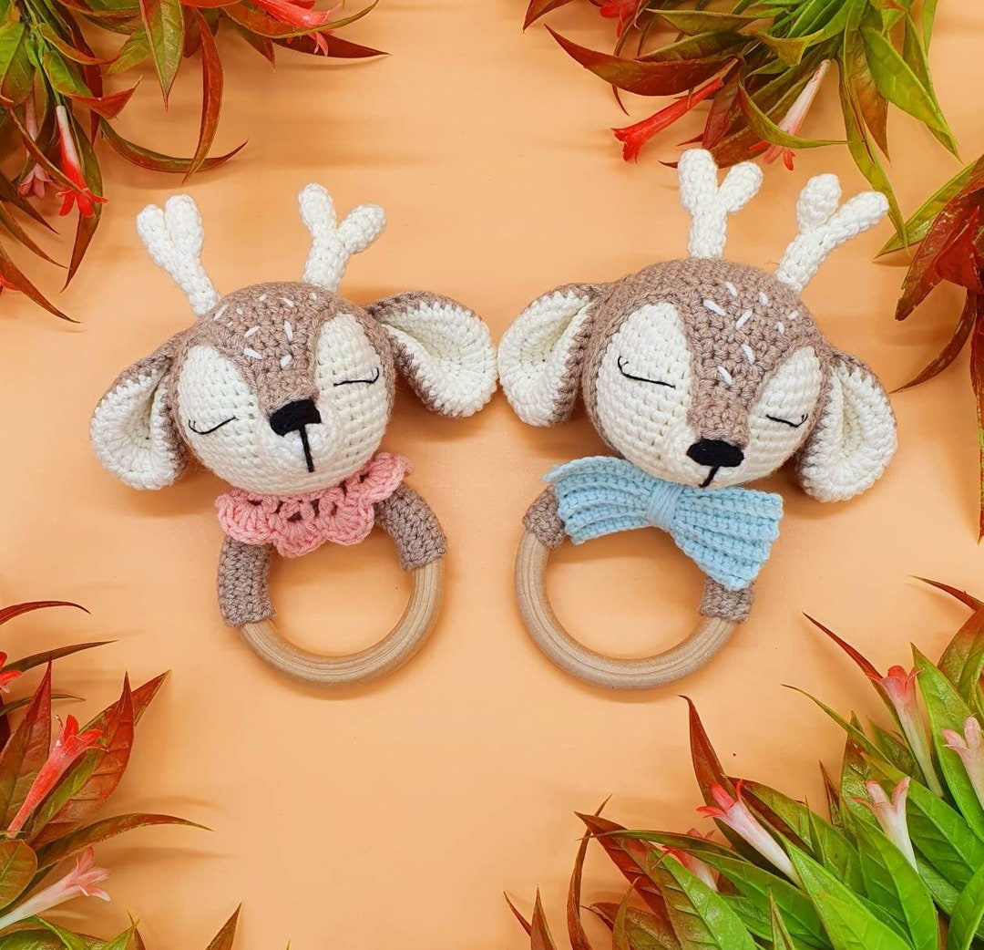 Amigurumi, gripper, rattle, teething ring, reindeer, crocheted rattle ...
