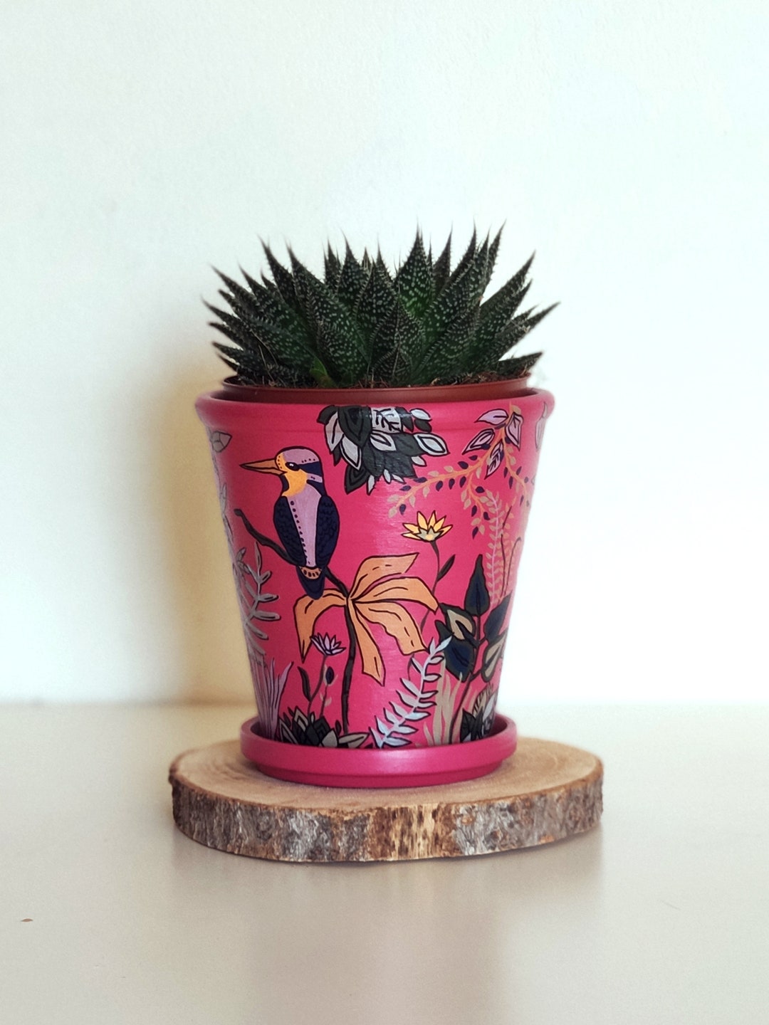 Magenta Terracotta Flowerpot, Plant Pot With Saucer, Birds and Plants ...