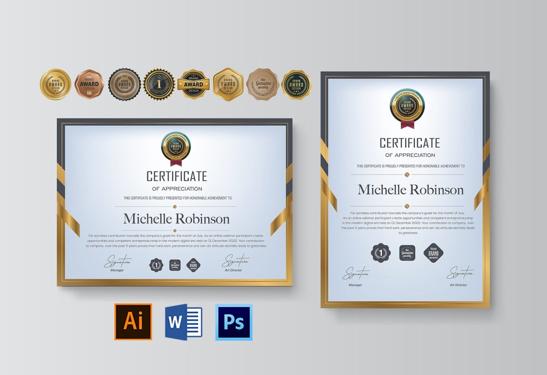 Set of 2 EDITABLE Printable Certificate, Certificate of Completion ...