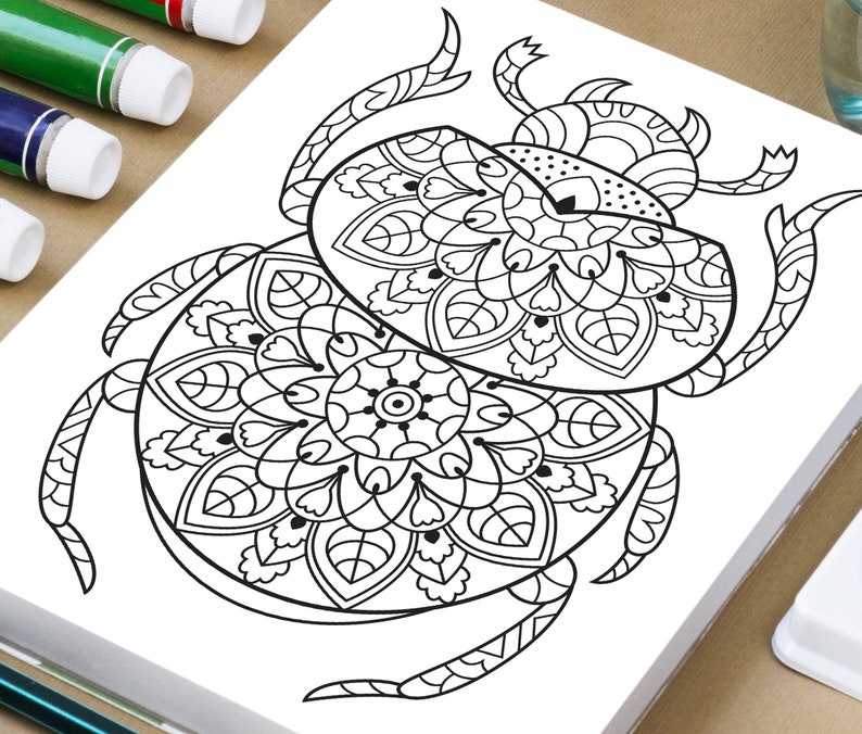 Beetle Coloring Page Printable Adult Coloring Page | Etsy
