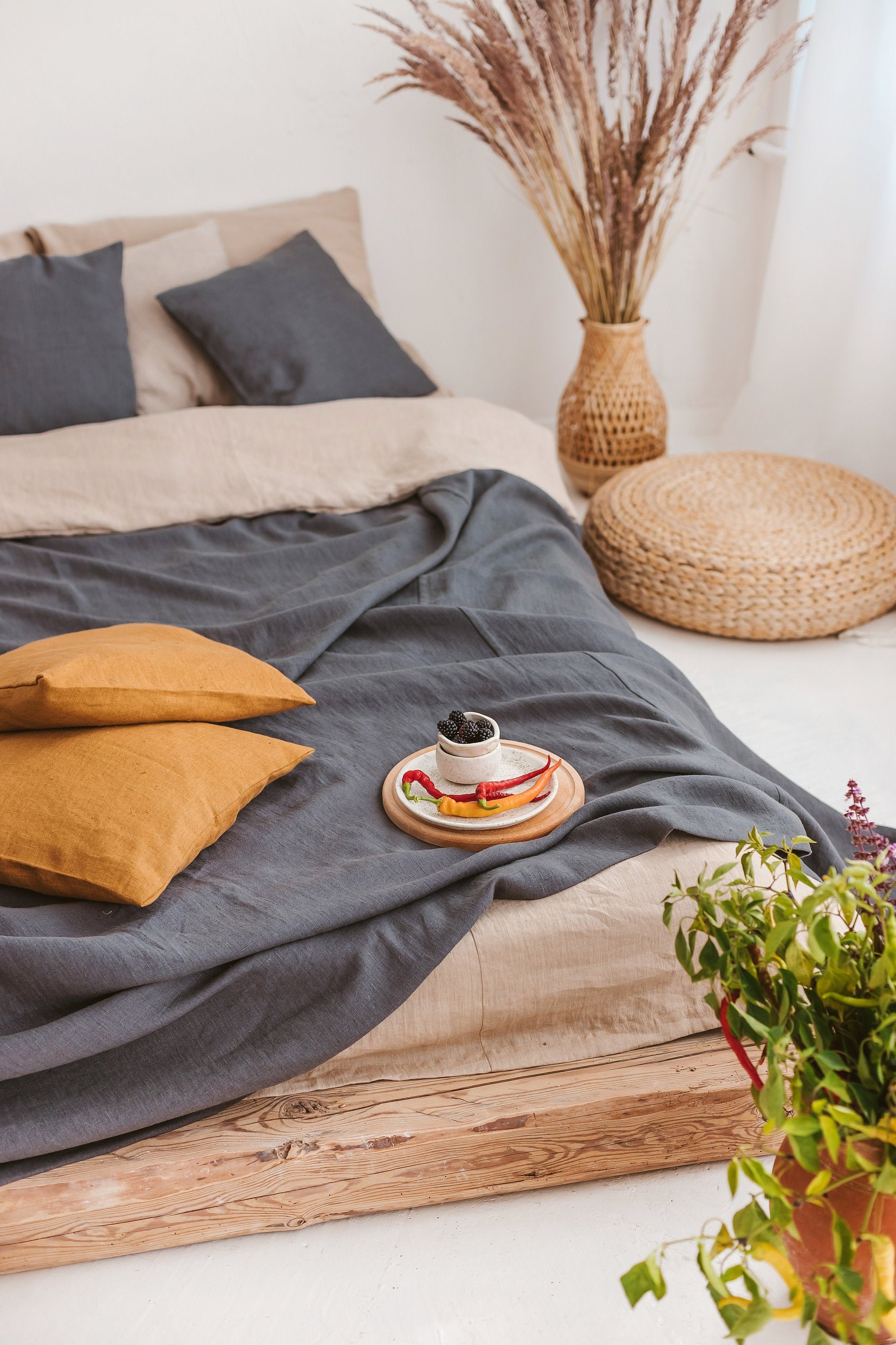 Natural Linen Bedspread Large Linen Throw Blanket Dark Grey - Etsy